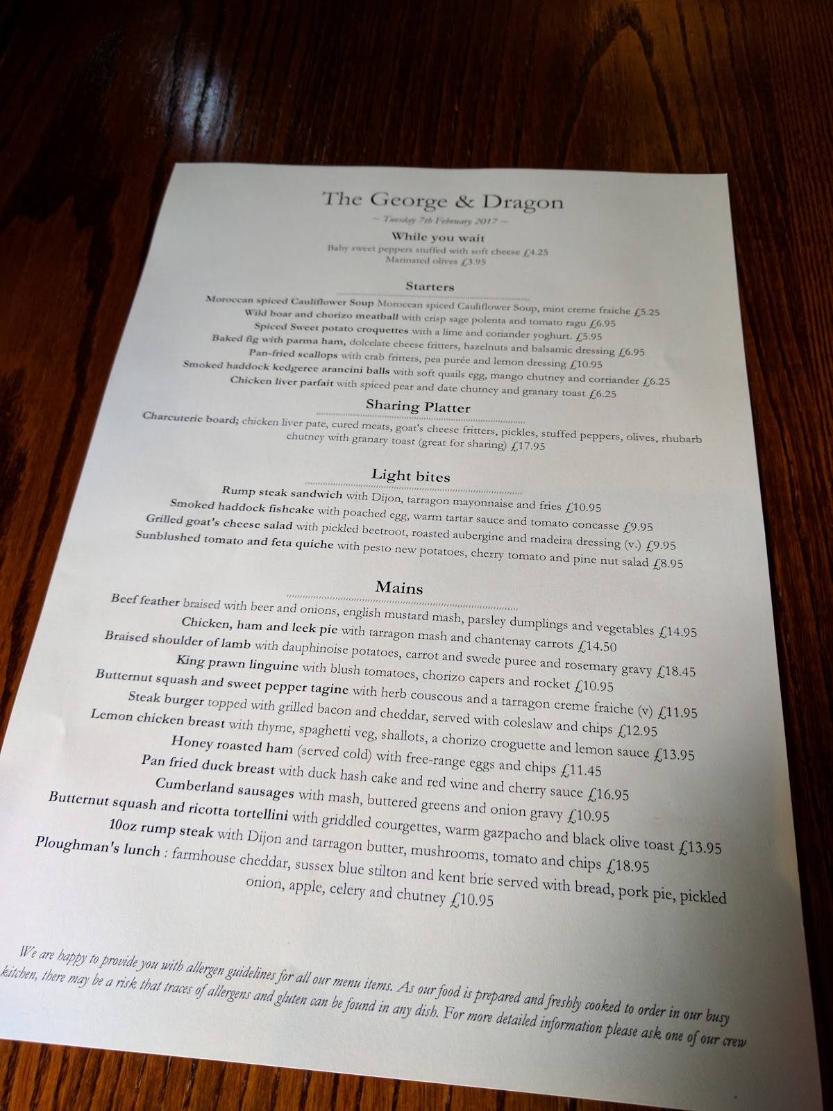 Menu at The George & Dragon pub & bar, Canterbury