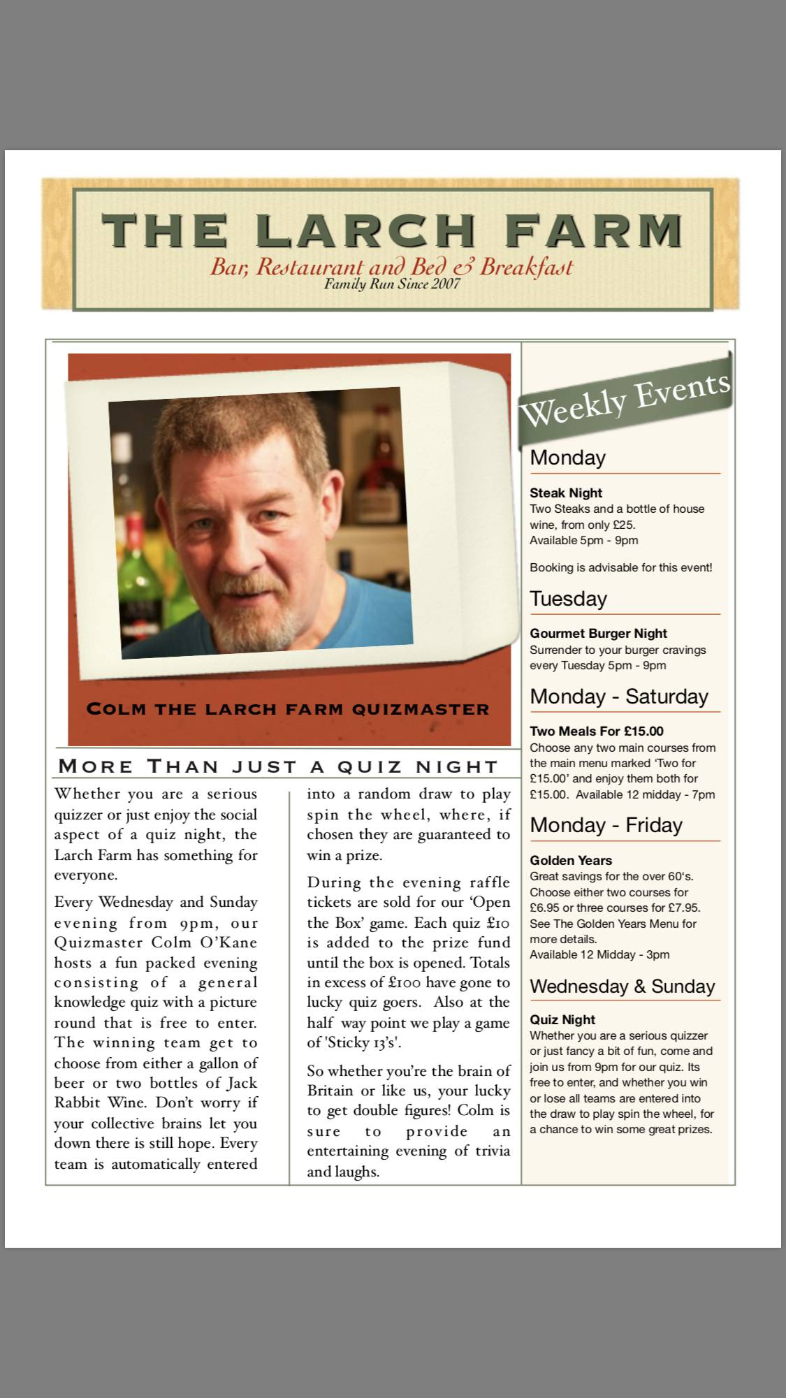 Menu at The Larch Farm pub & bar, Ravenshead