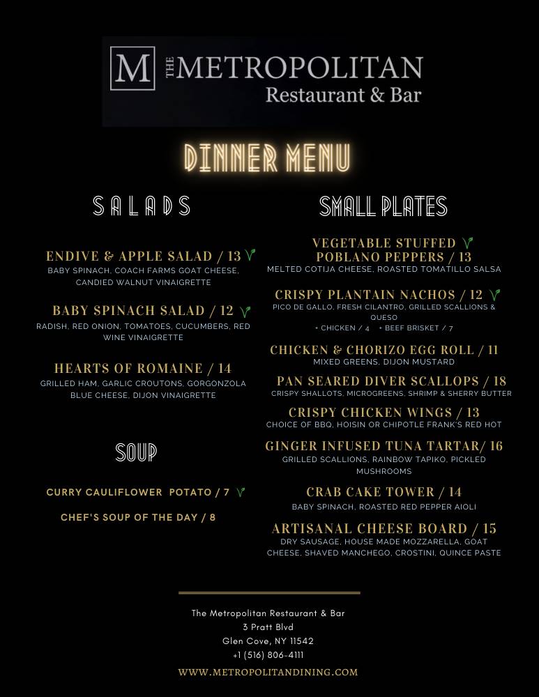 Menu at The Metropolitan Restaurant & Bar, Glen Cove