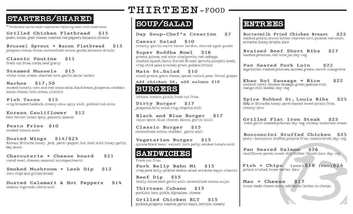 Menu at Thirteen Food & Beverage pub & bar, Cambridge