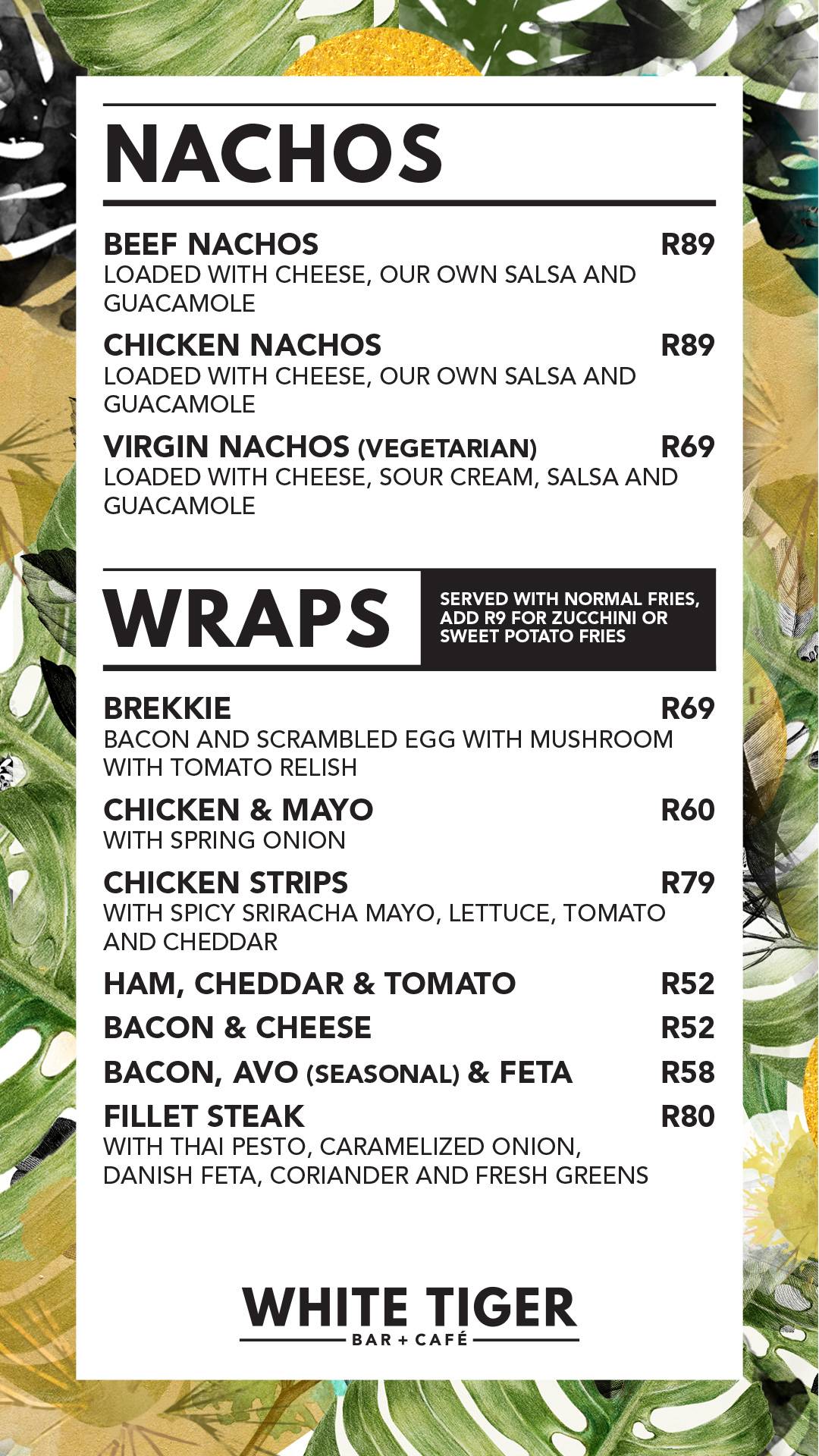 Menu at White Tiger Bar+Cafe, Port Elizabeth
