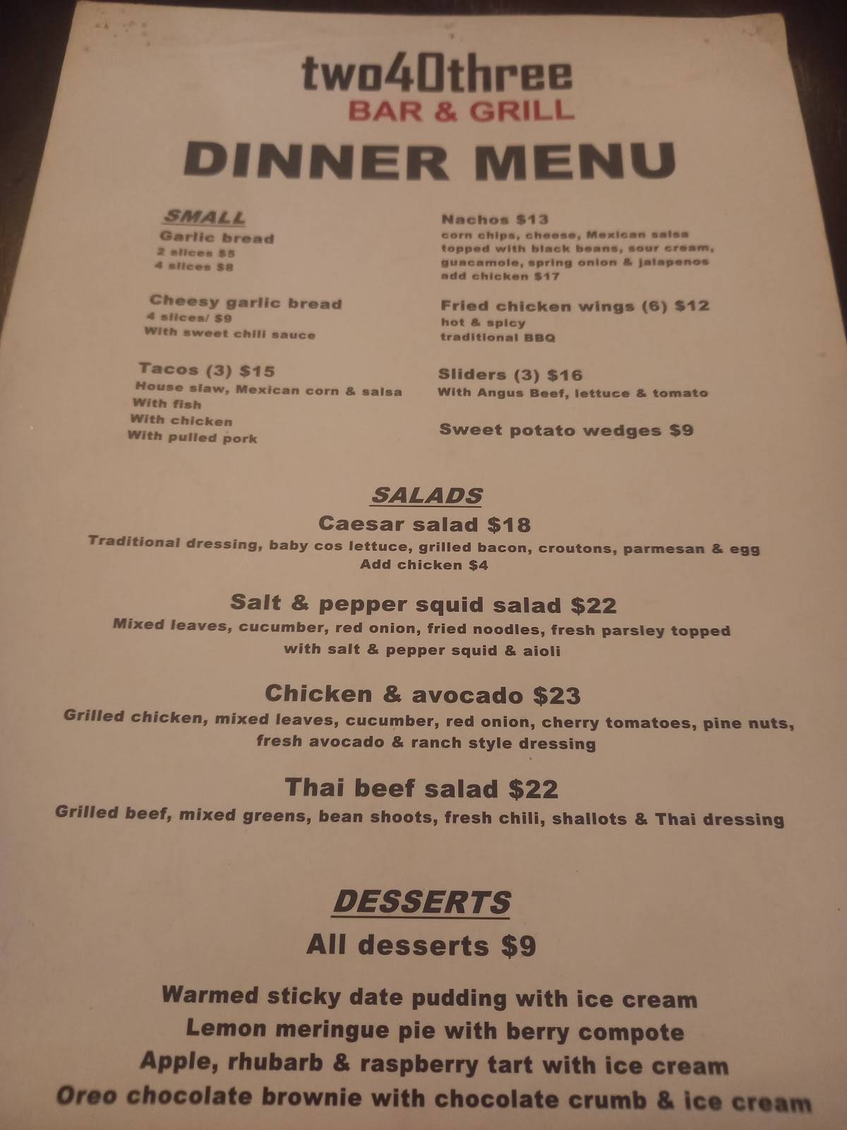 Menu at two40three Bar & Grill, Morley