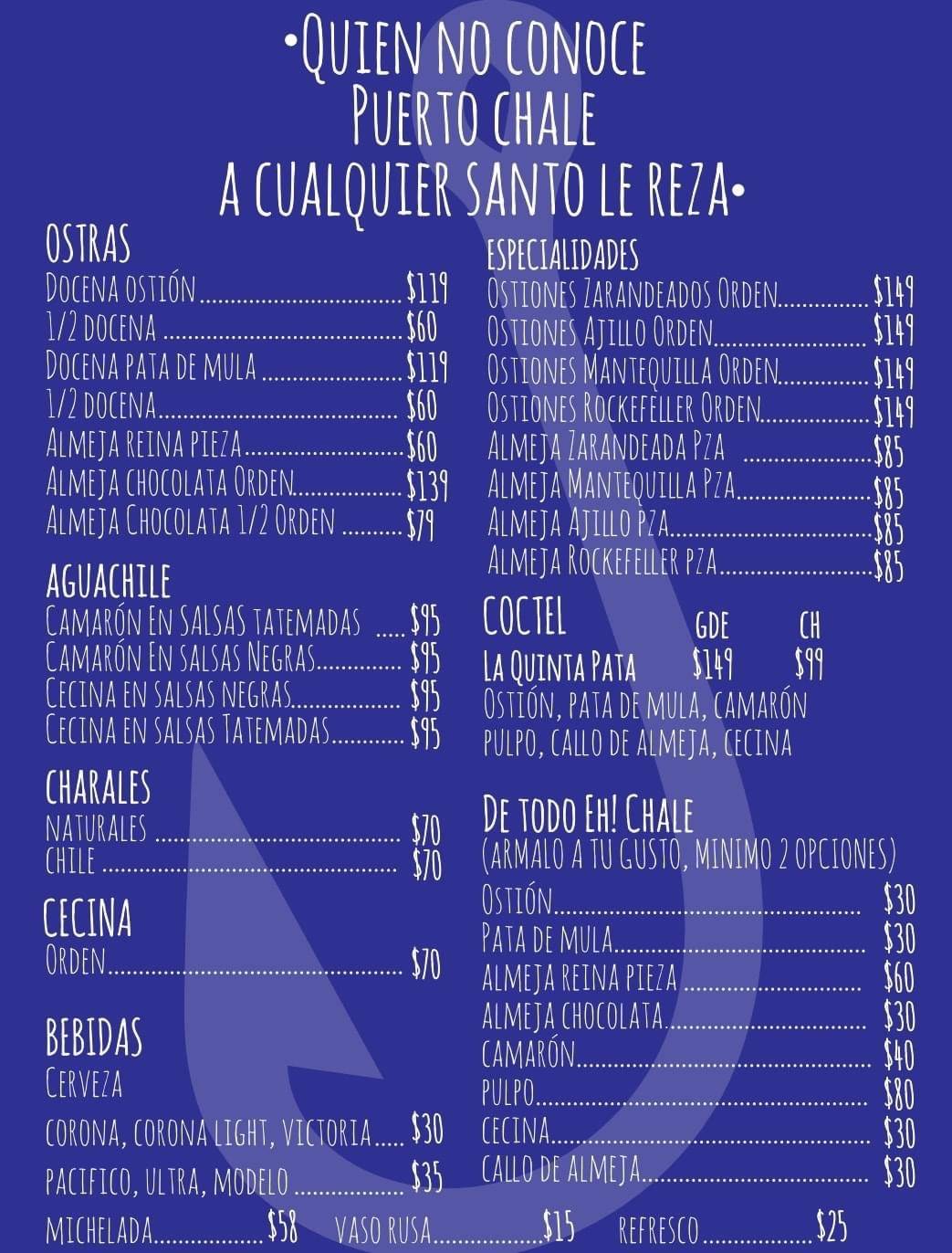 Carta del restaurante Puerto Chale, Guadalajara