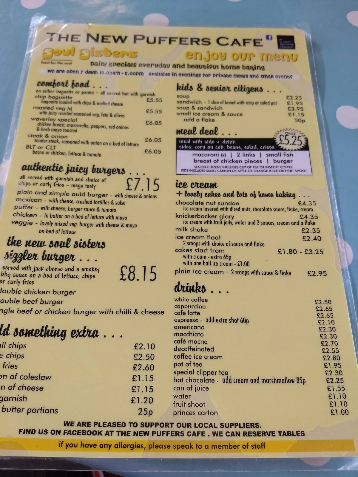Menu at Puffers Café Bistro cafe, Irvine, Scottish Maritime Museum