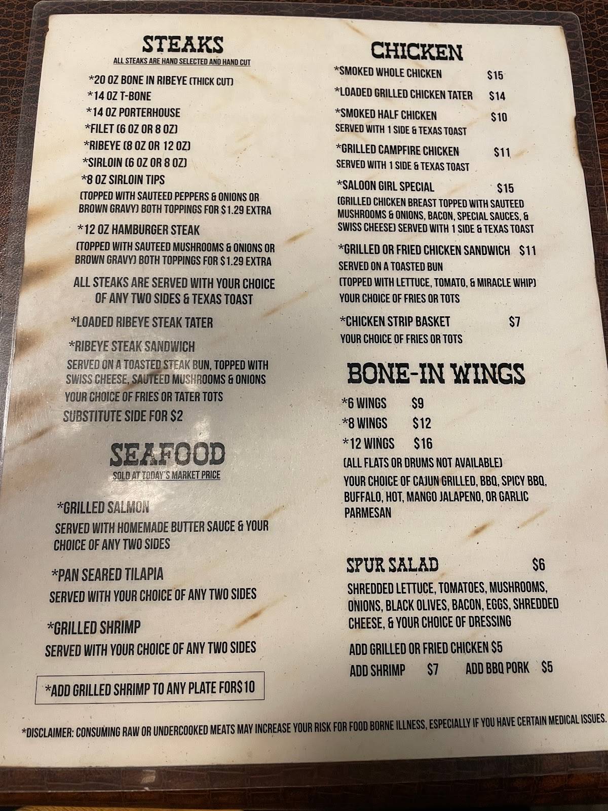 Menu at The Rusty Spur Diner steakhouse, Pulaski