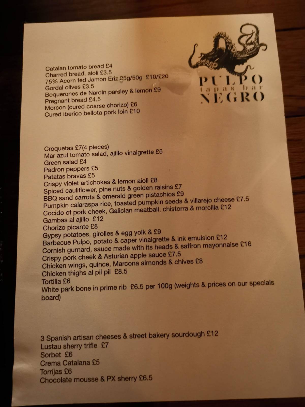 Menu at Pulpo Negro restaurant, New Alresford