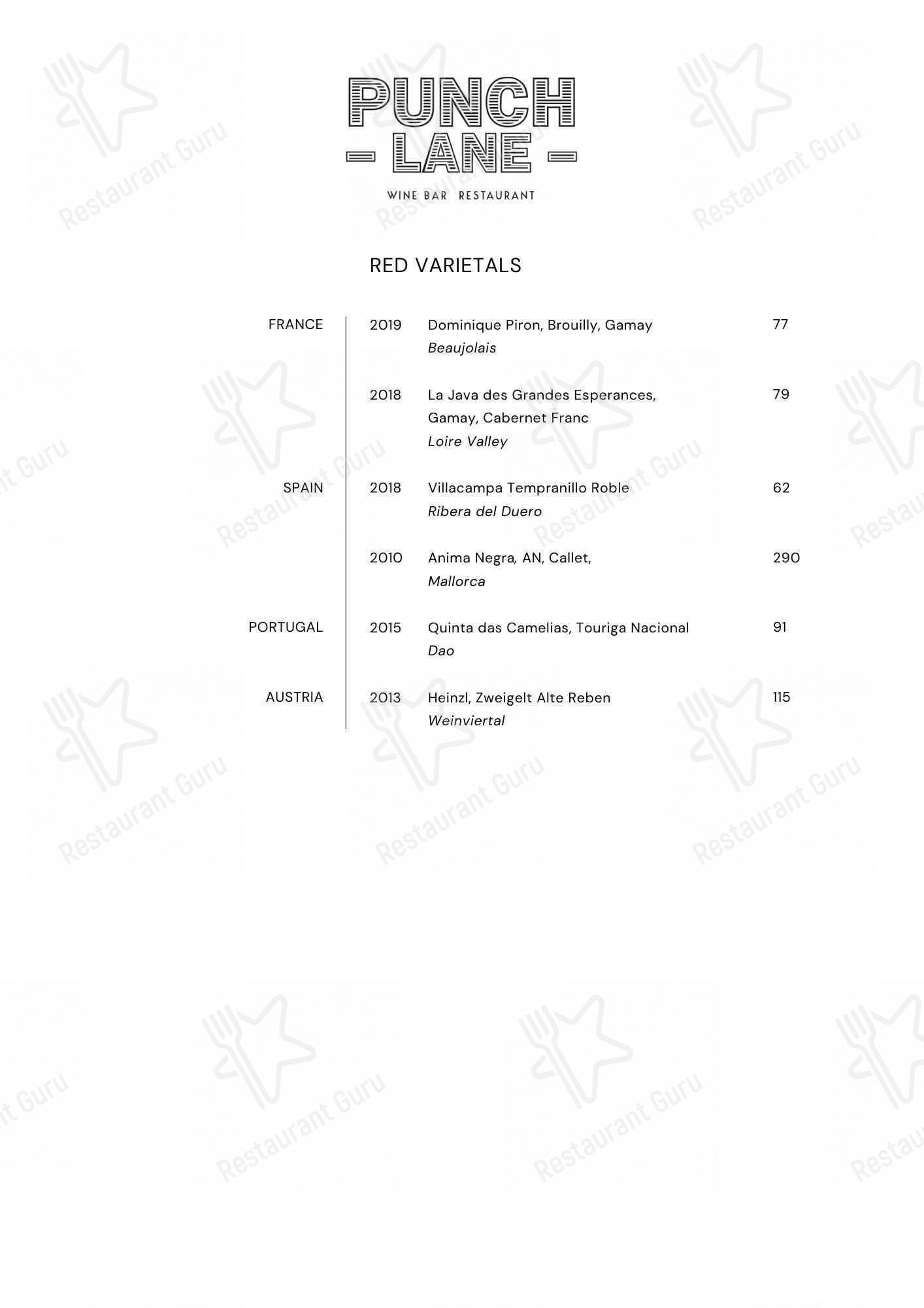 Menu at Punch Lane Wine Bar & Restaurant, Melbourne