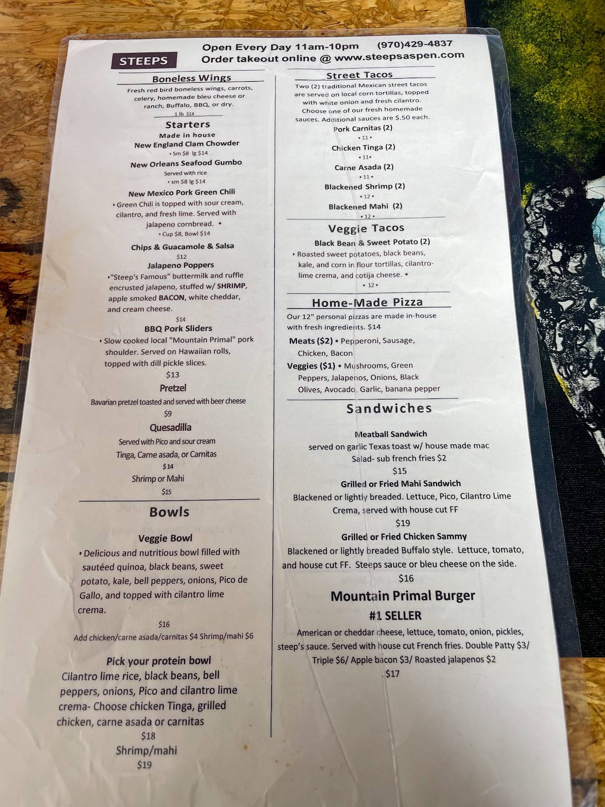Menu at Pussyfoot Steeps pub & bar, Aspen