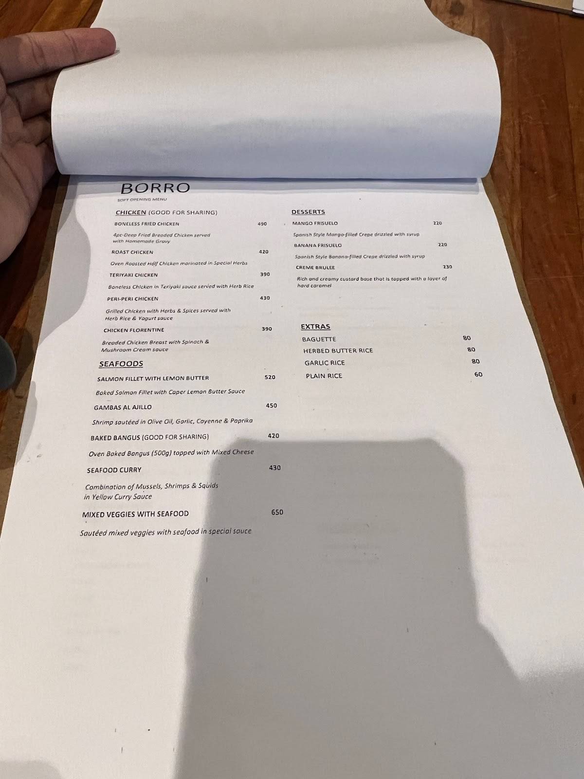 Menu at Borro restaurant, Quezon City