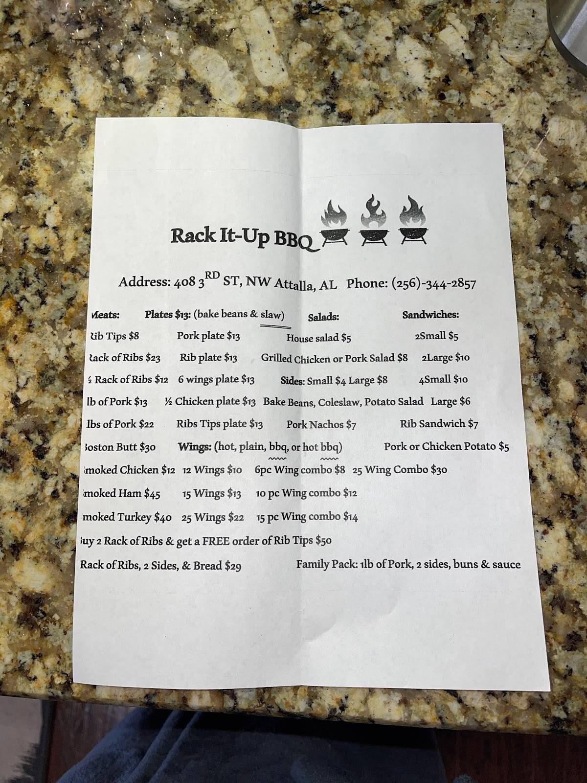 Menu at Rack-It Up BBQ, Attalla