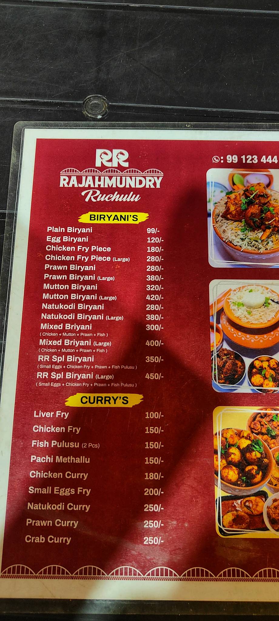 Menu at Rajahmundry Ruchulu, Hyderabad, 100