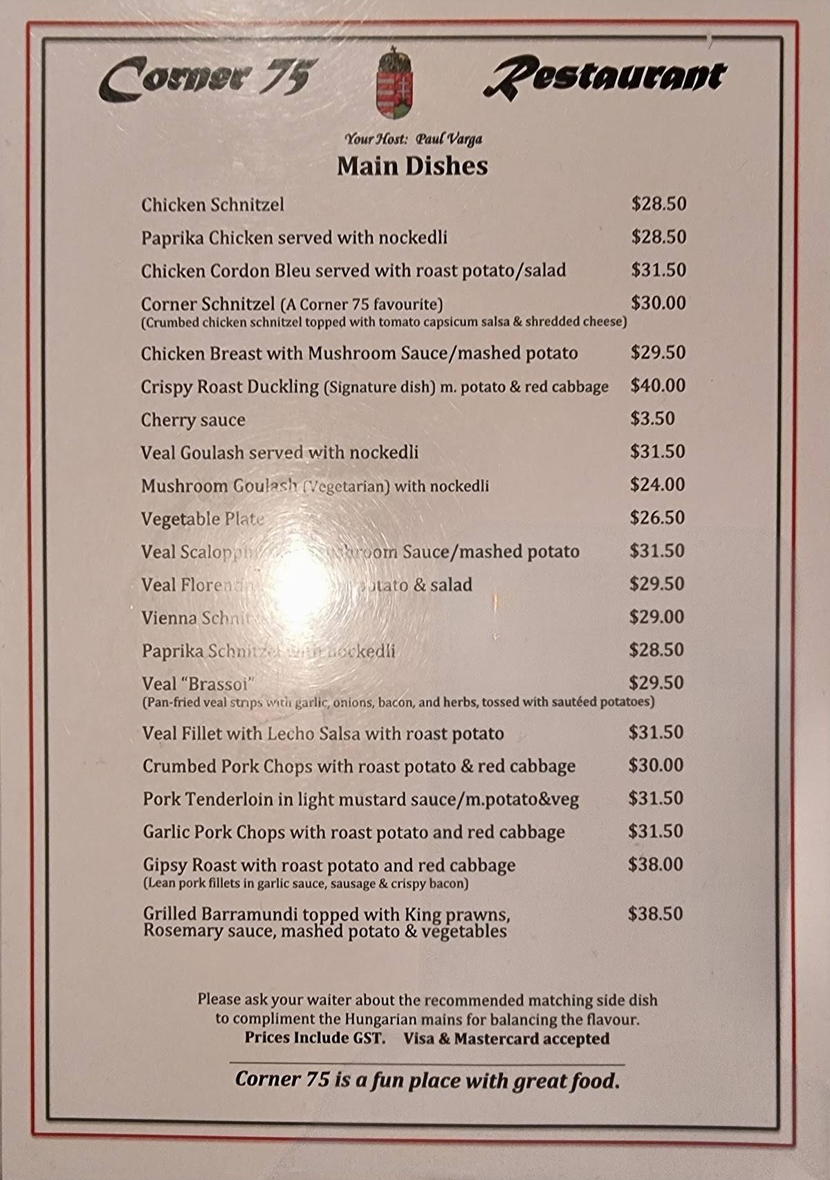 Menu at Corner 75 Hungarian Restaurant, Randwick