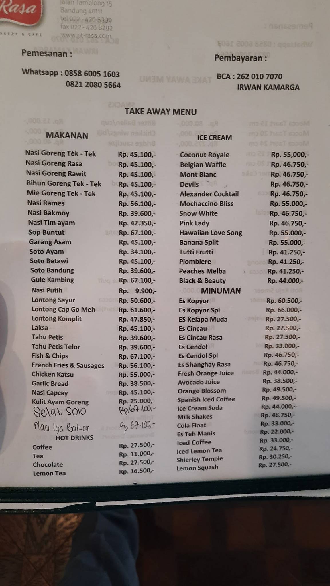 Menu at Rasa Bakery & Cafe, Bandung, Jl. Tamblong No.15