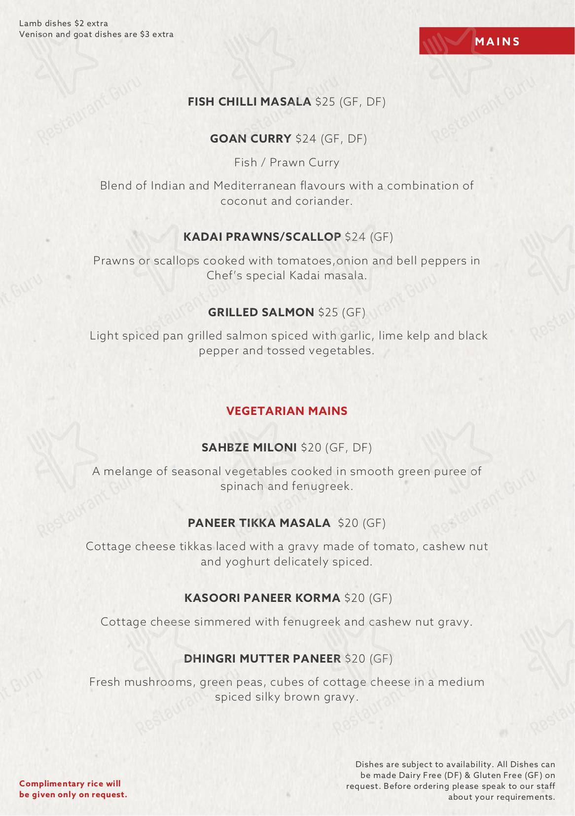 Menu at Rasoi restaurant, Napier