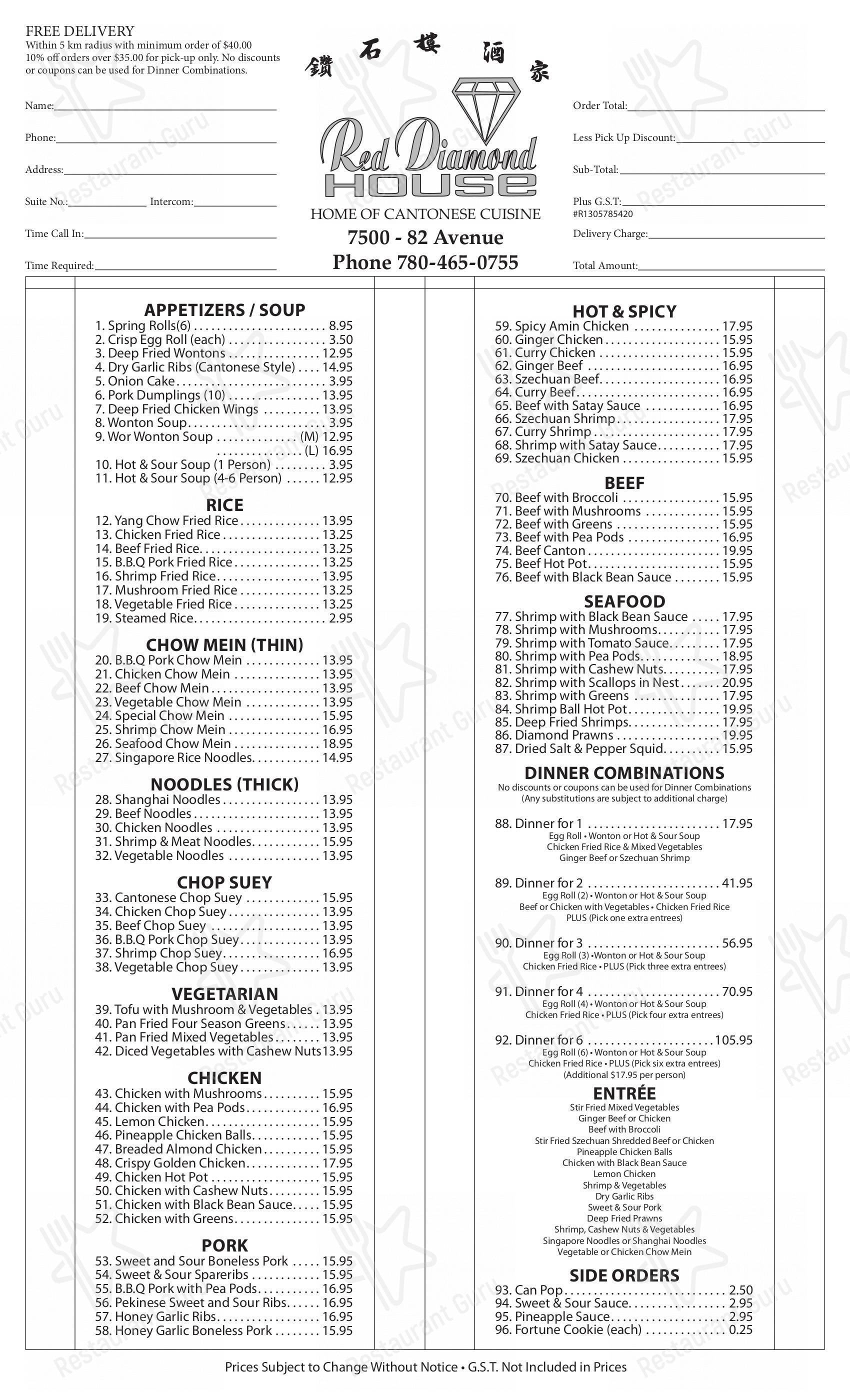Menu at Red Diamond House Restaurant, Edmonton