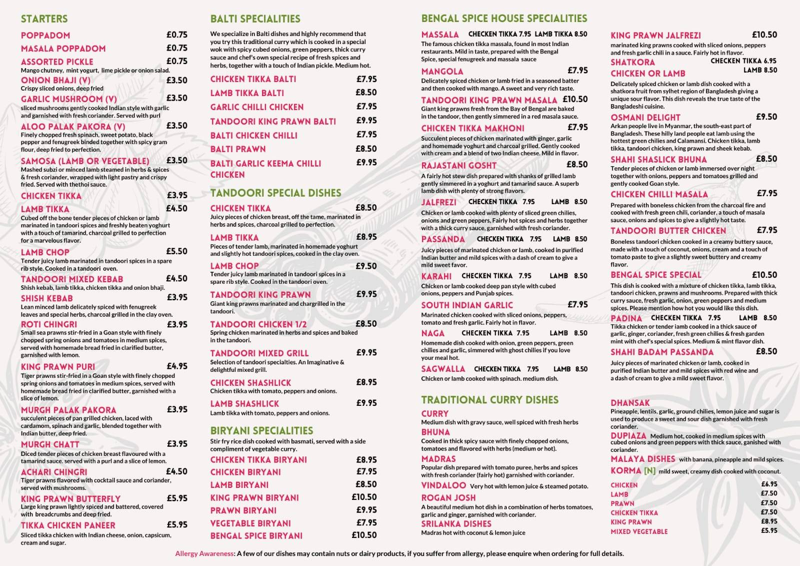 Menu at Bengal Spice restaurant, Redcar