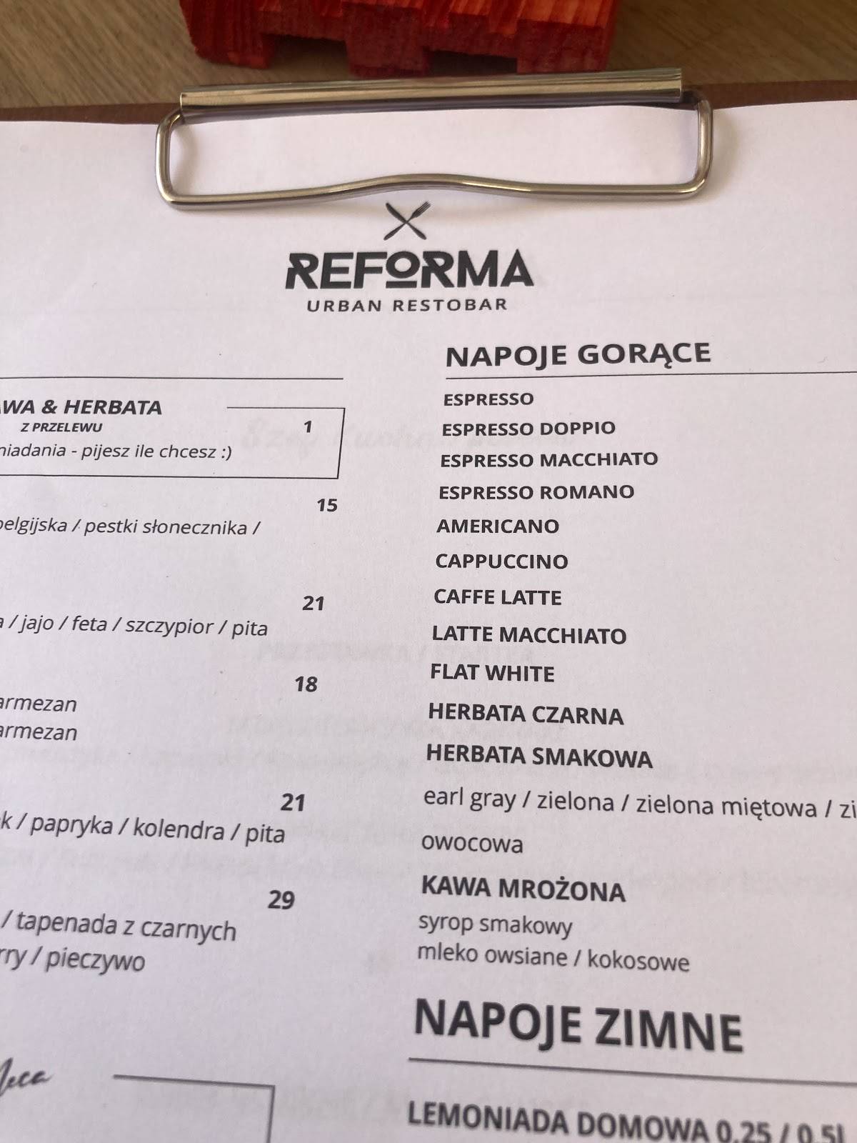 Menu at Reforma Urban restaurant, Warsaw