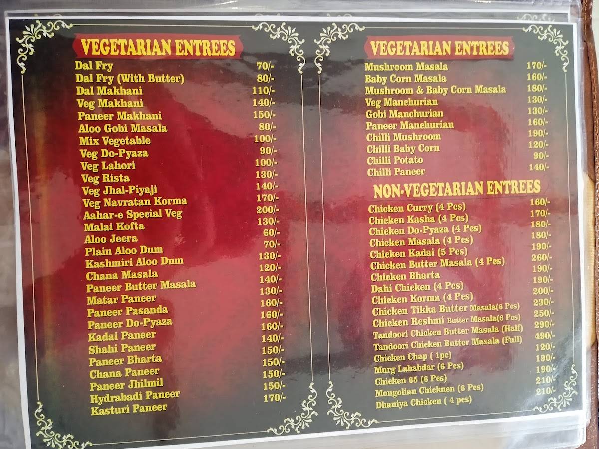 Menu at Aahar-e-Darbar, Howrah