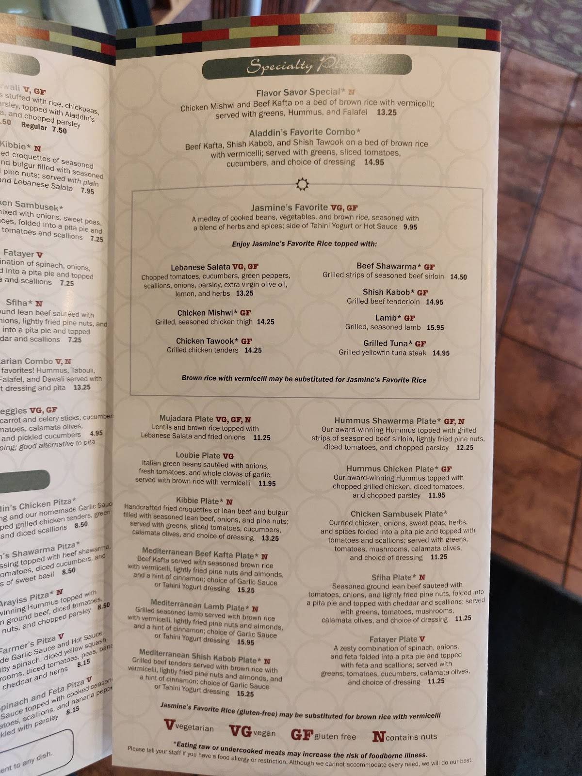 Menu at Aladdin's Eatery Squirrel Hill restaurant, Pittsburgh, Forbes Ave