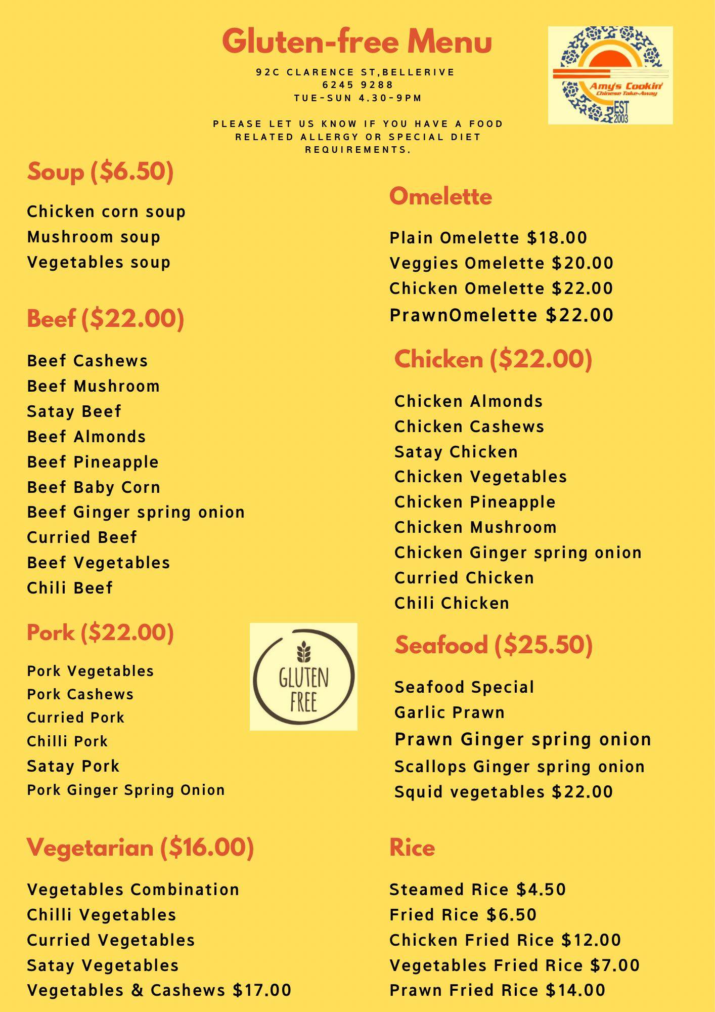 Menu at Amy's Cookin Chinese Take-away Shop restaurant, Bellerive