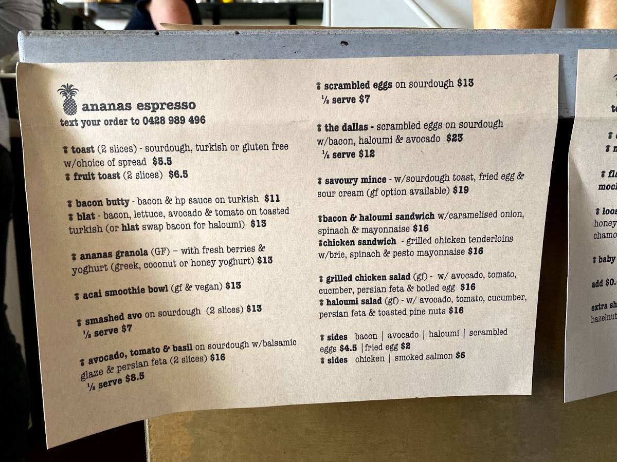 Menu at Ananas Espresso restaurant, Sherwood