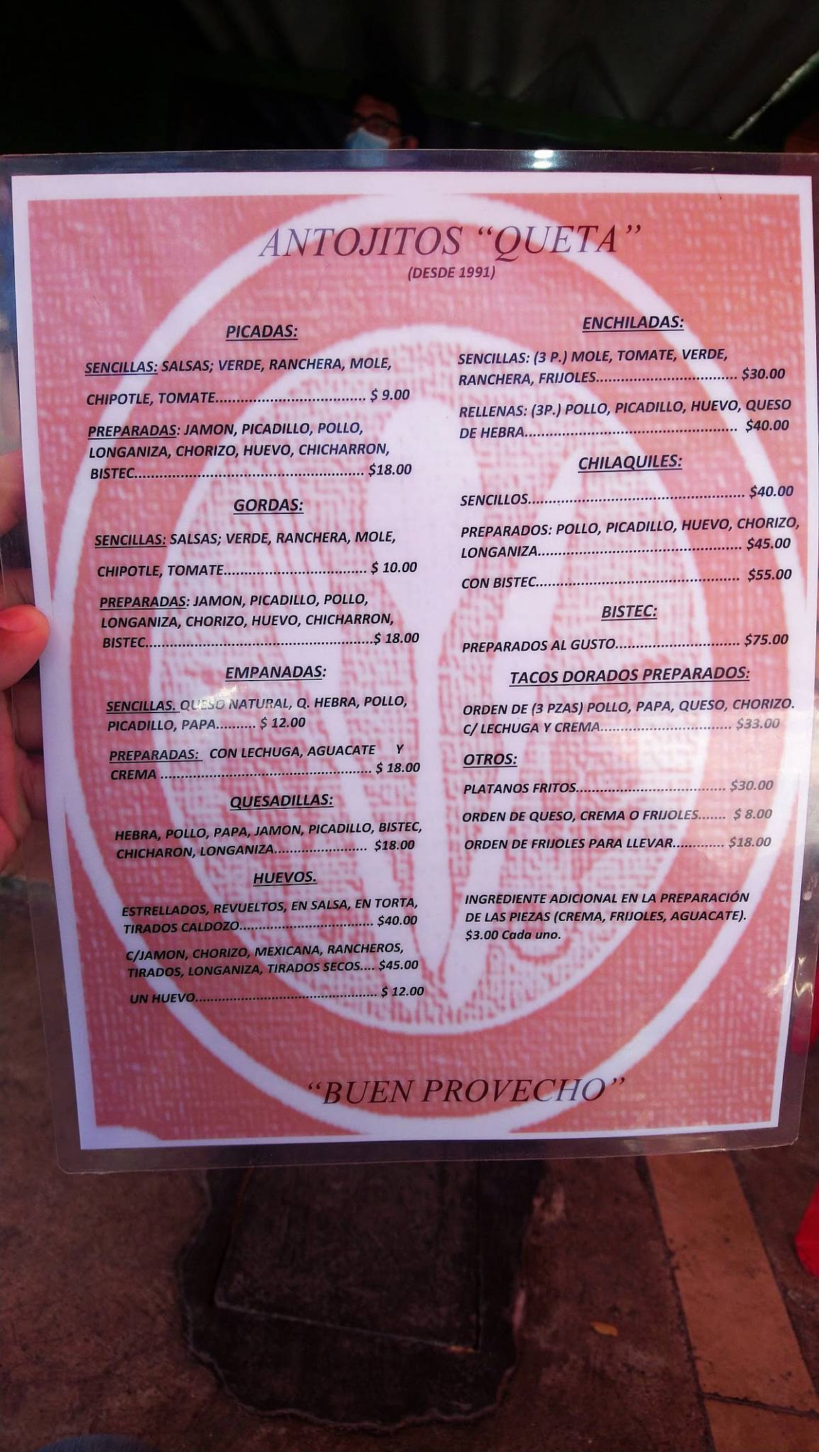 Menu at Antojitos Queta restaurant, Veracruz