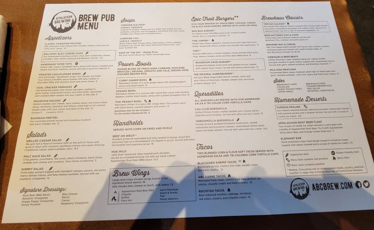 Menu at Appalachian Brewing Company of Gettysburg - Battlefield ...