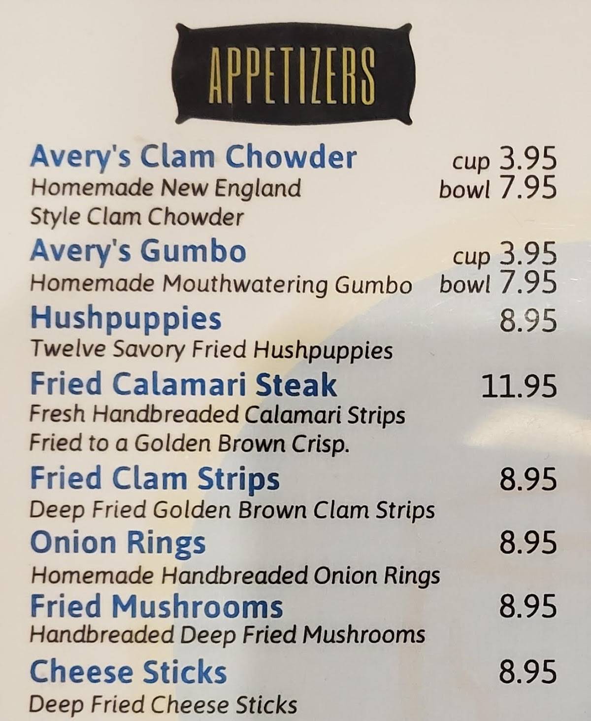 Menu at Avery's Kitchen restaurant, New Braunfels