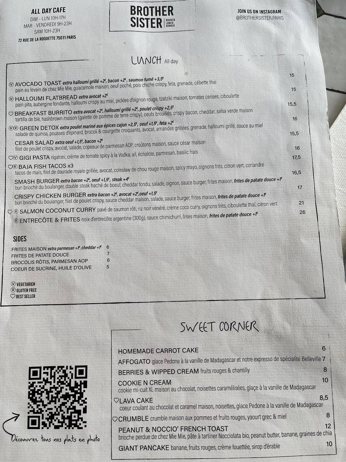 Menu au BROTHER SISTER Brunch Lunch Dinner restaurant, Paris