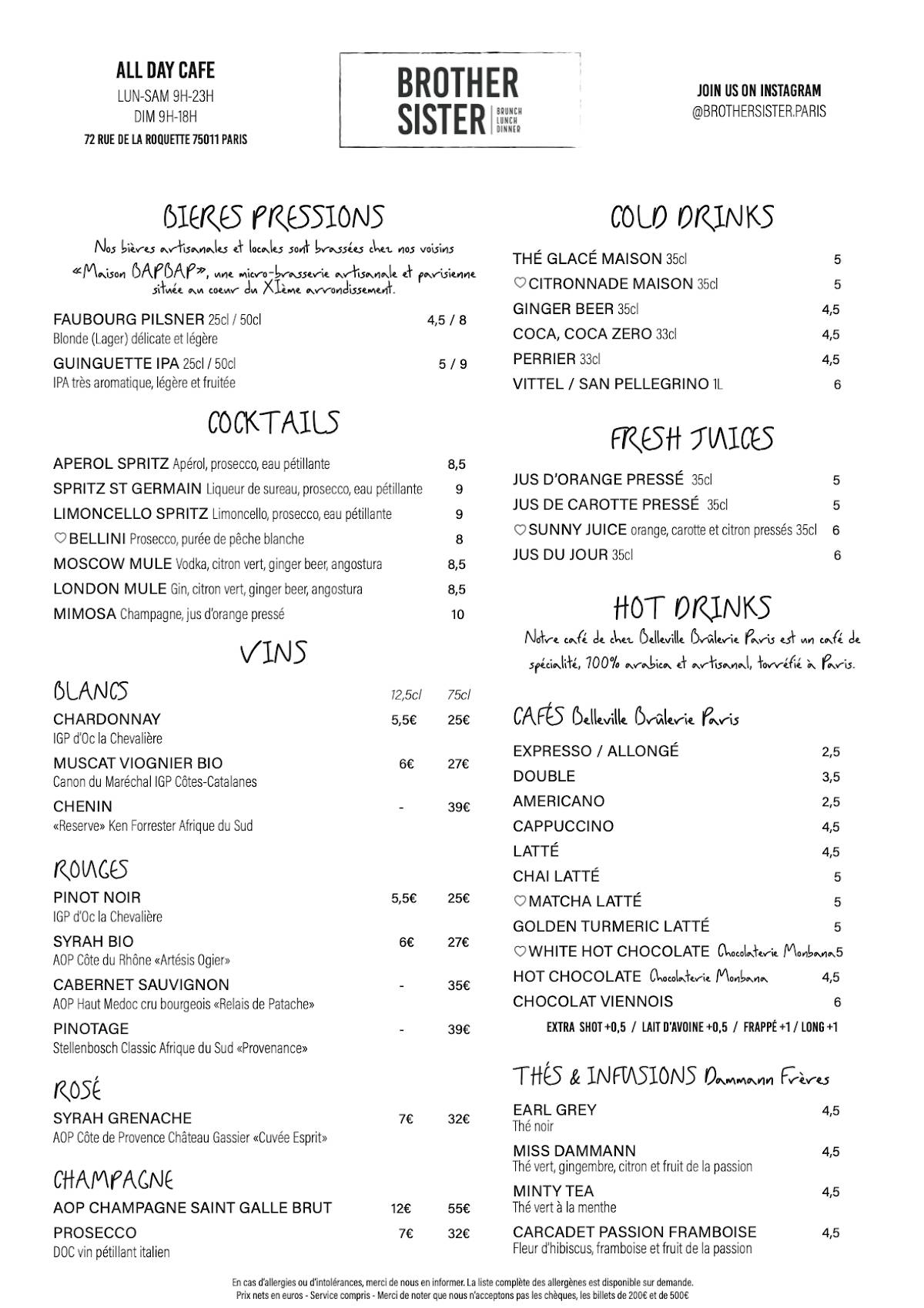 Menu au BROTHER SISTER Brunch Lunch Dinner restaurant, Paris