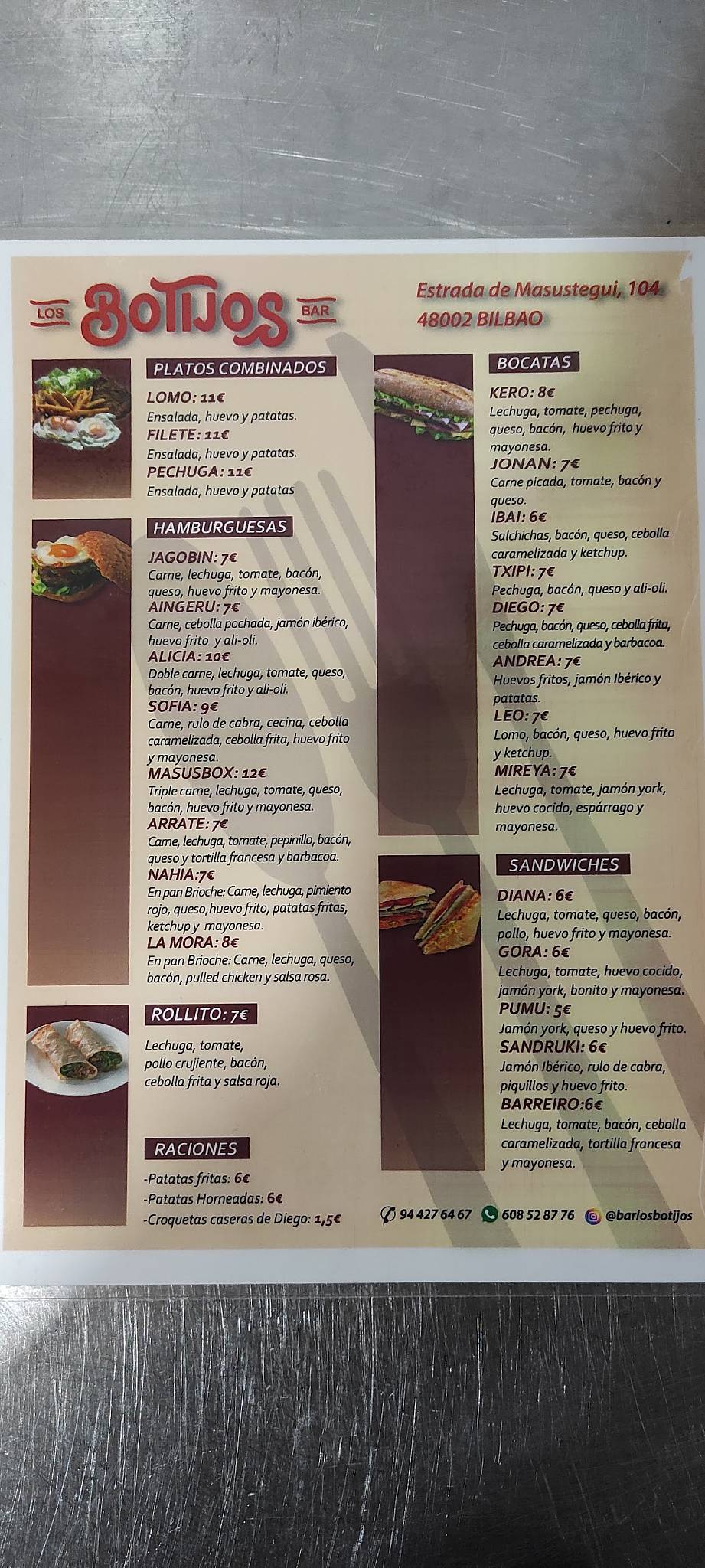 Carta de Bar Los Botijos, Bilbao, Masustegi Estrata