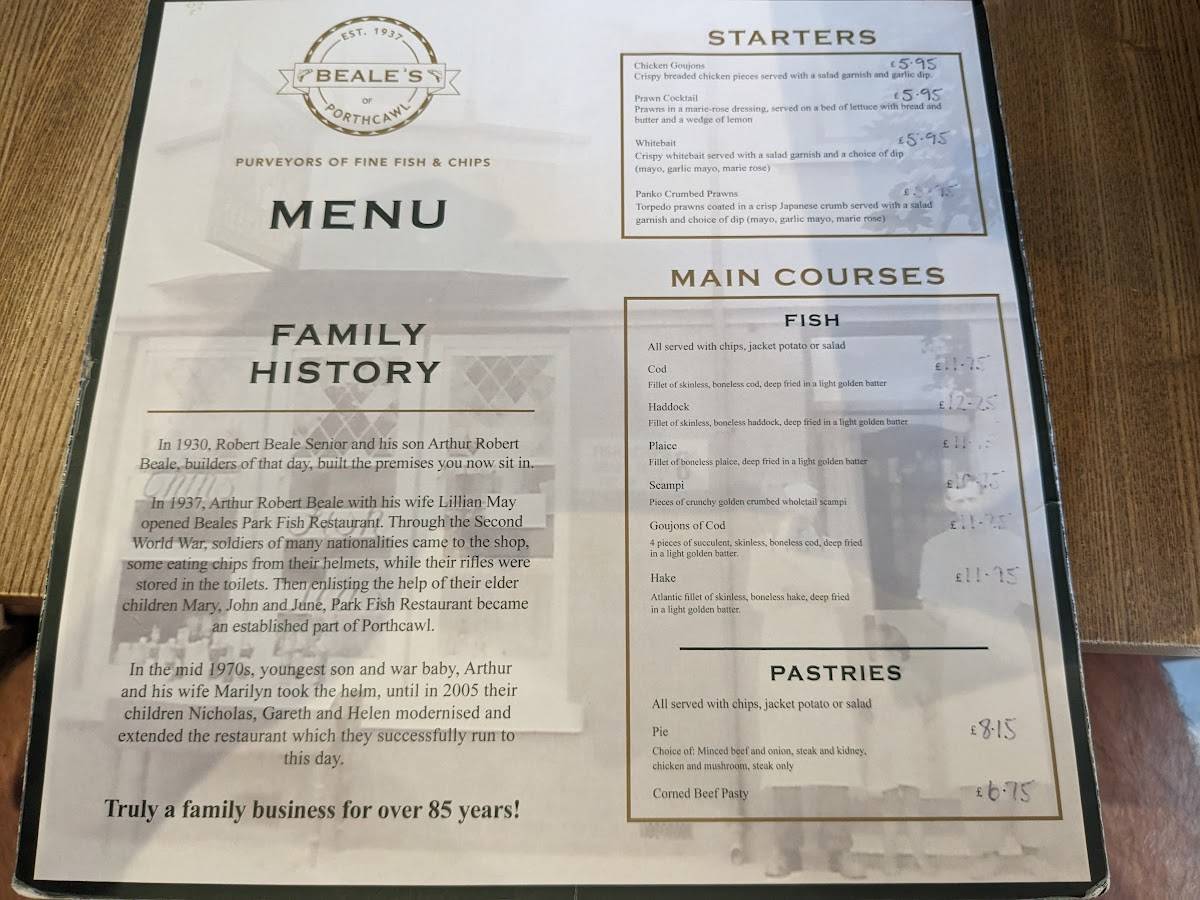 Menu at Beale's Park Fish Restaurant, Porthcawl
