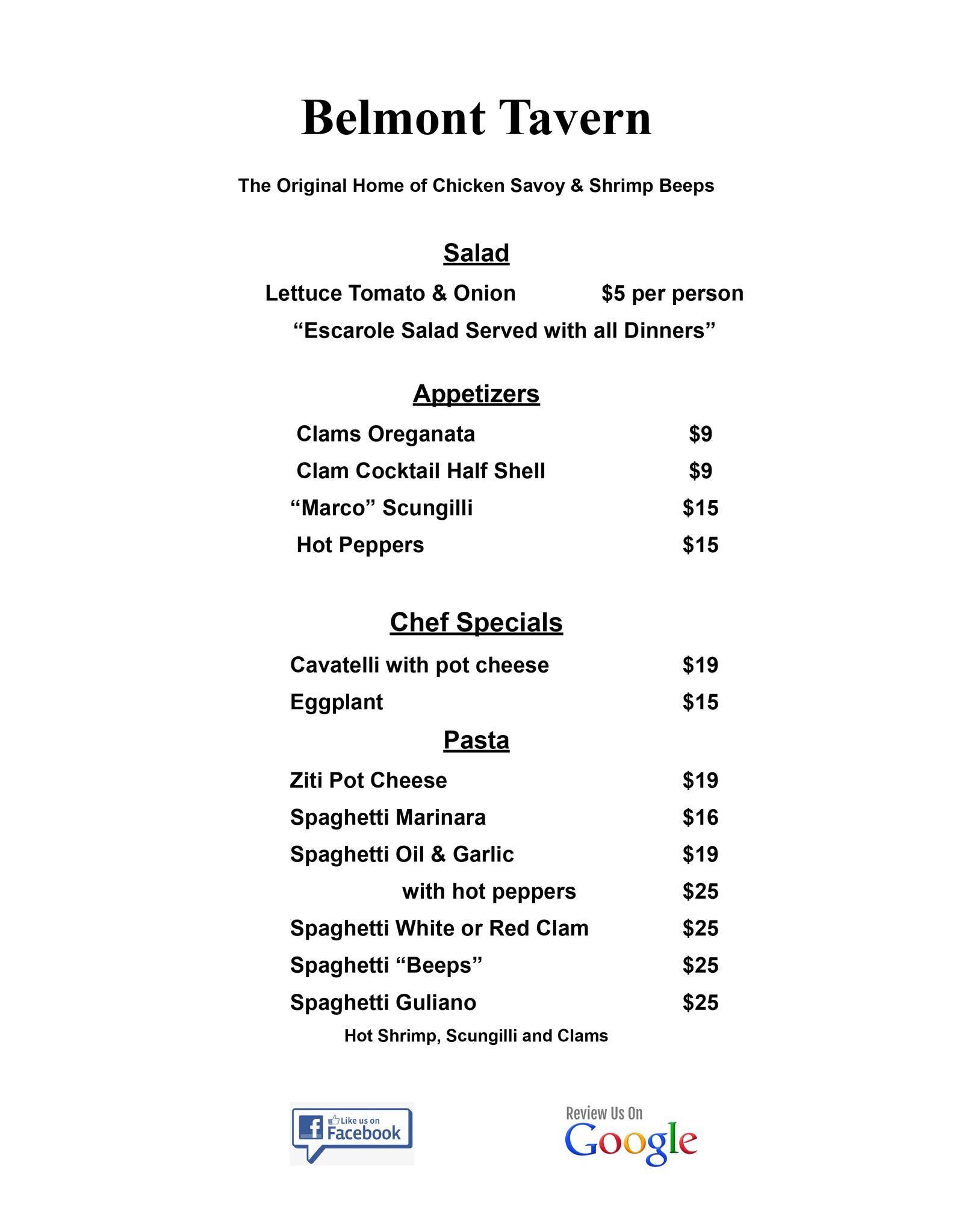 Menu at Belmont Tavern restaurant, Belleville