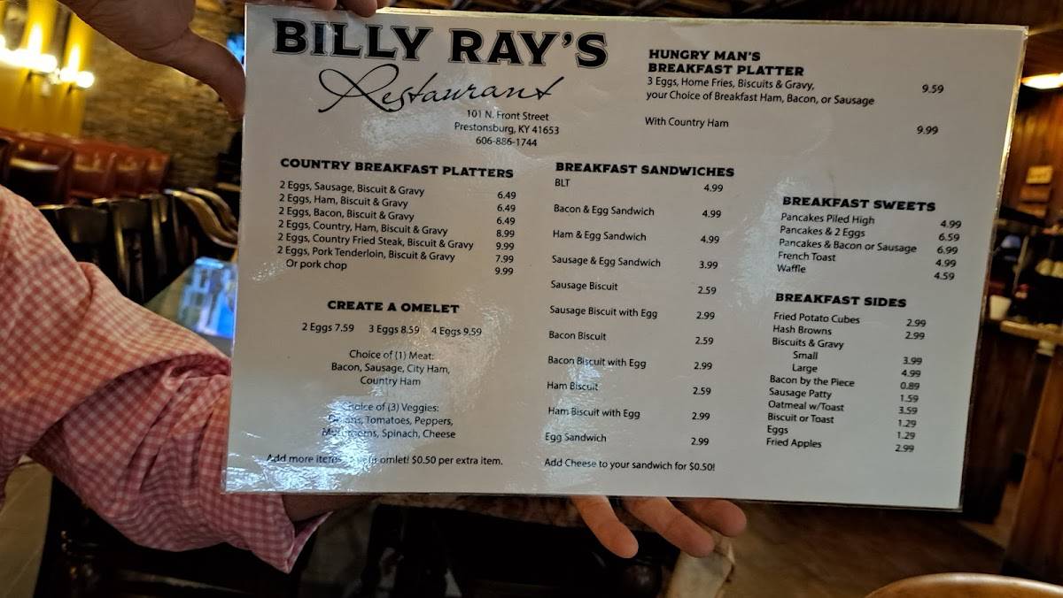 Menu at Billy Ray's Restaurant, Prestonsburg, 101 N Front St