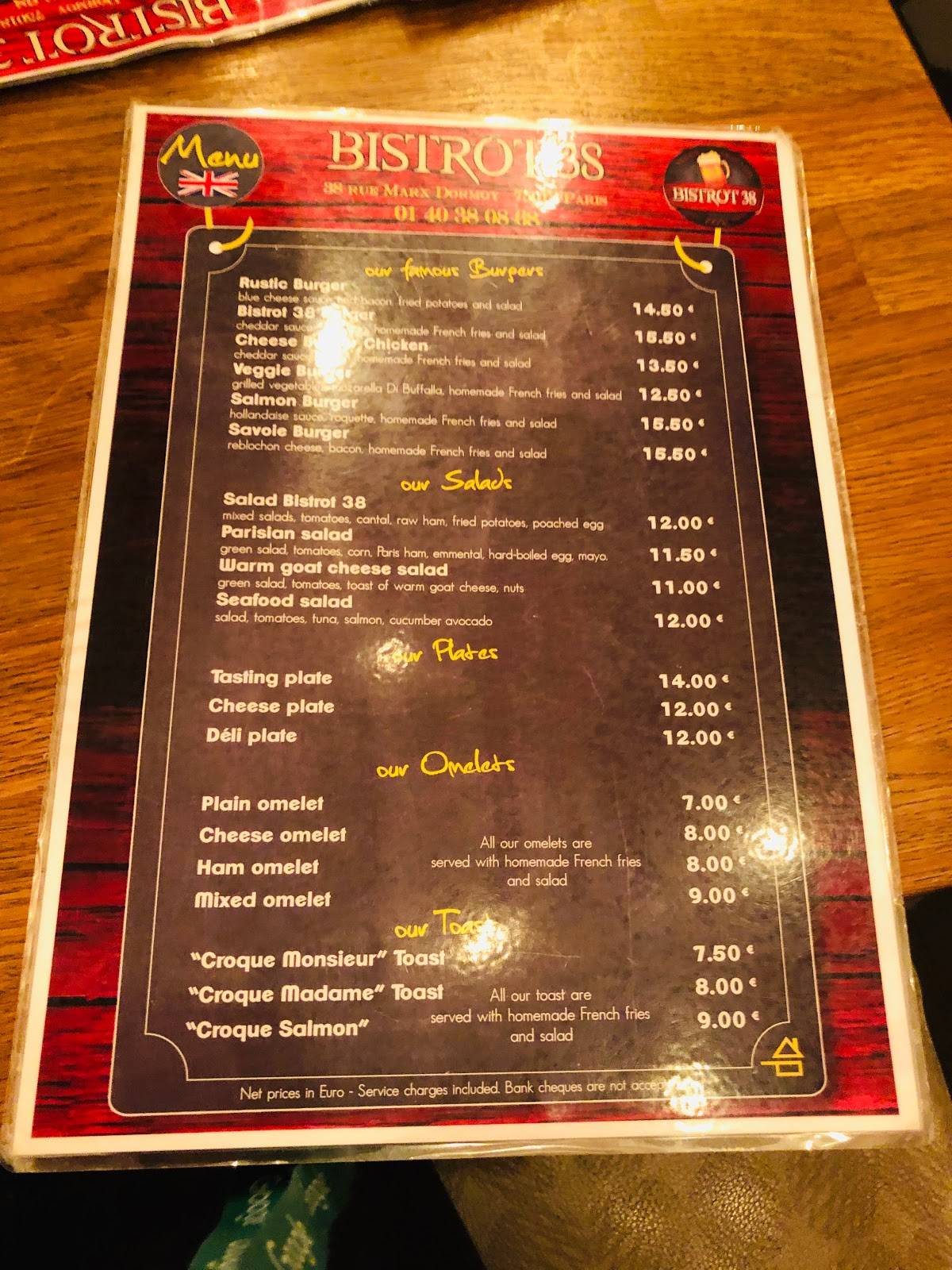 Menu at Bistrot 38 restaurant, Paris, 38 Rue Marx Dormoy