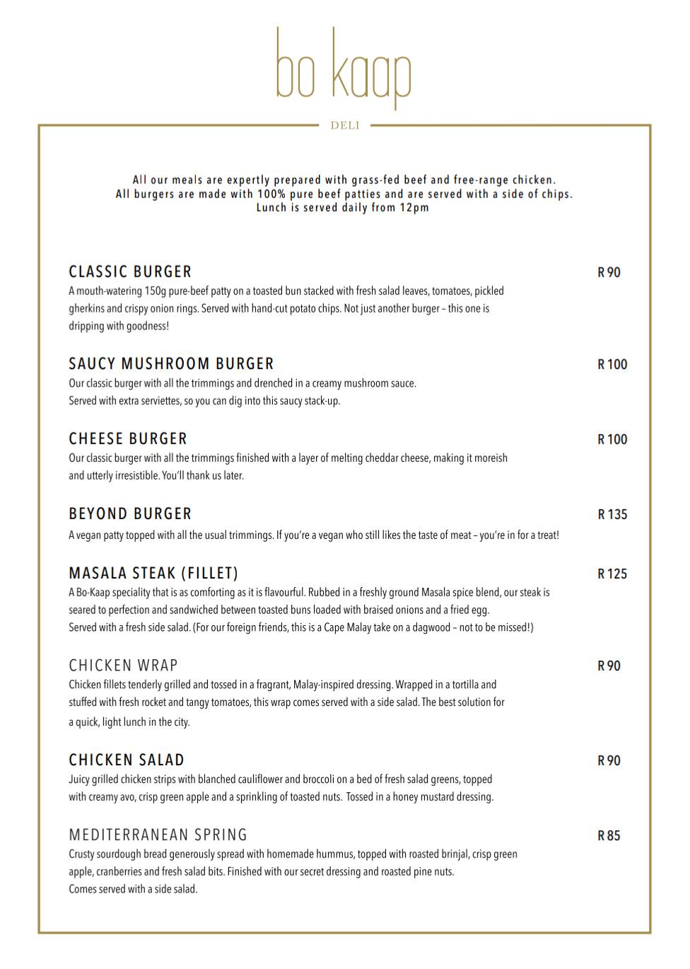 Menu at Bokaap Deli restaurant, Cape Town