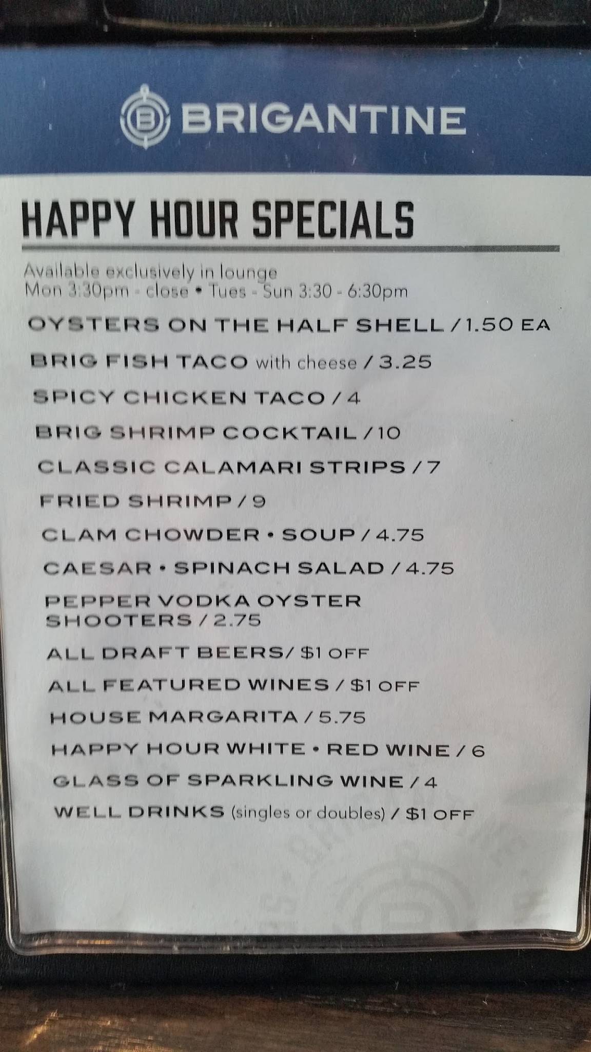 Menu at Brigantine Seafood & Oyster Bar, La Mesa, Fuerte Dr