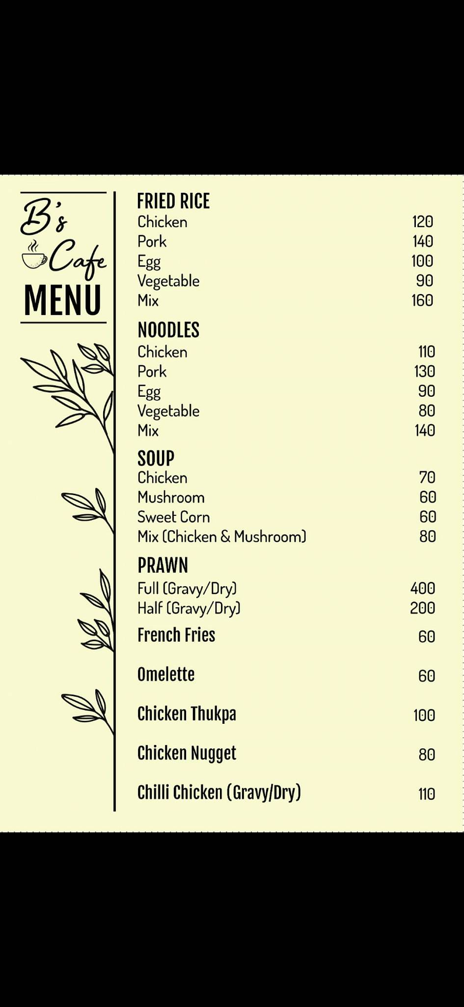Menu at B's cafe, Kangpokpi