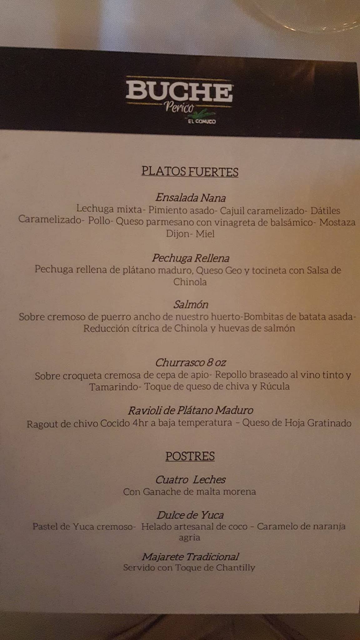 Carta del restaurante Buche Perico, Santo Domingo, C. El Conde 53