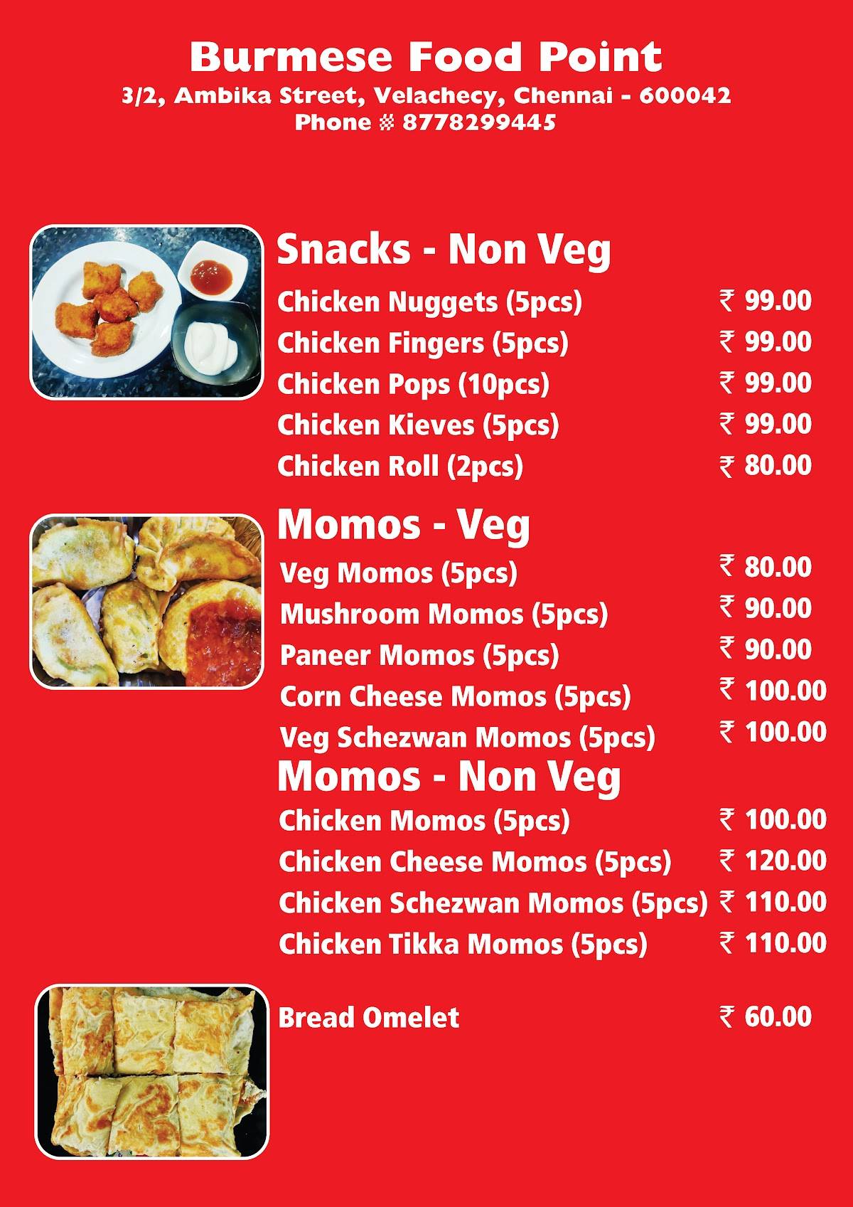 Menu at Burmese Food Point, Chennai
