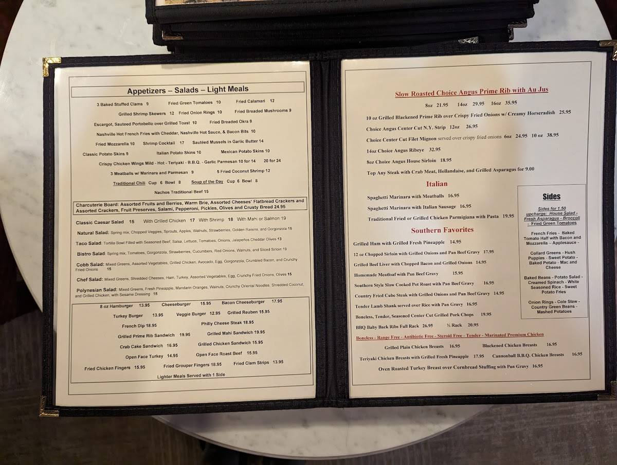 Menu at C.J. Cannon's restaurant, Vero Beach
