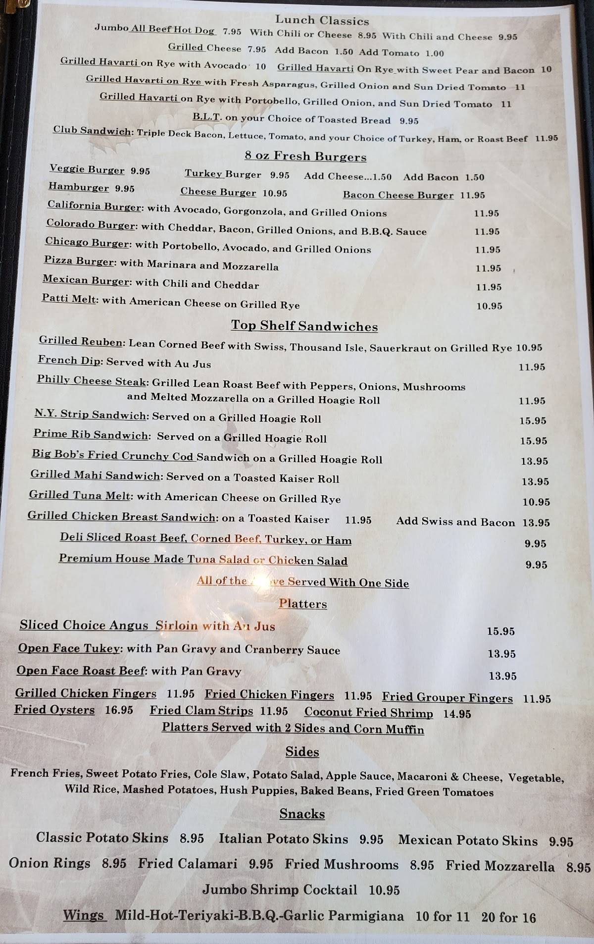 Menu at C.J. Cannon's restaurant, Vero Beach