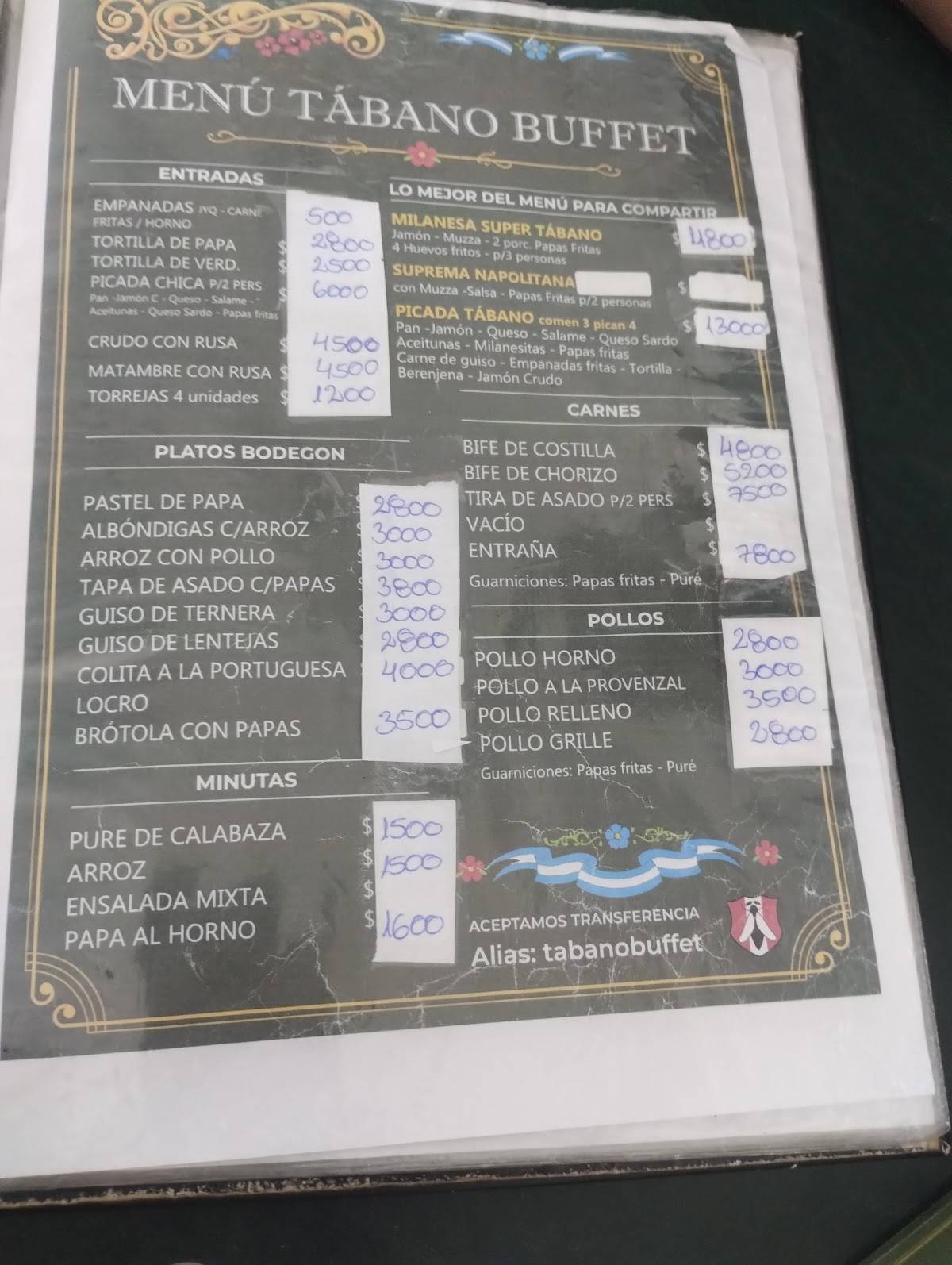 Carta del restaurante C.S.D El Tábano, Buenos Aires, Dr. Rómulo Naón 3029