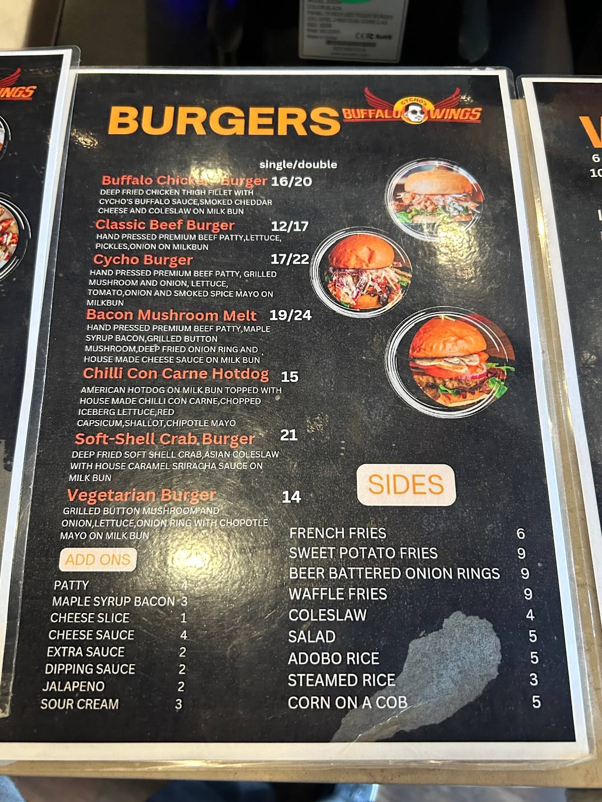 Menu at CYCHO'S BUFFALO WINGS restaurant, Southport