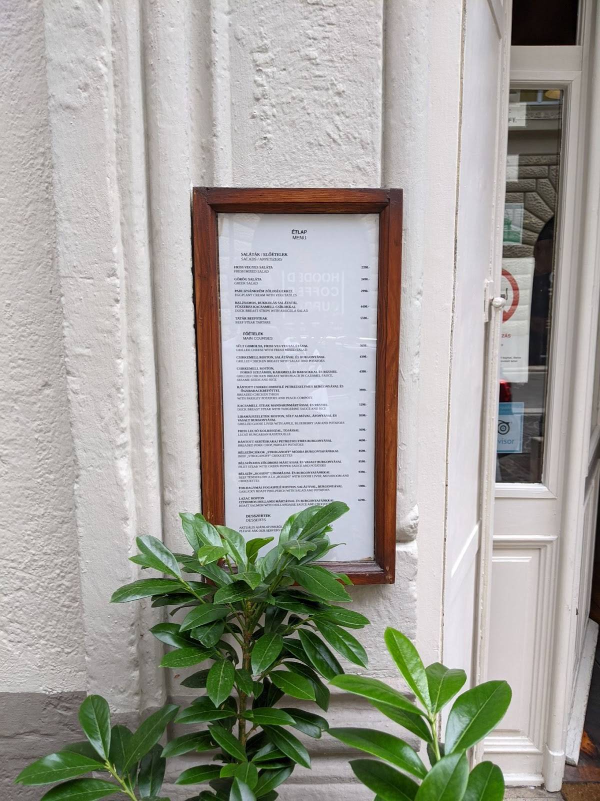 Menu at Café Kör restaurant, Budapest