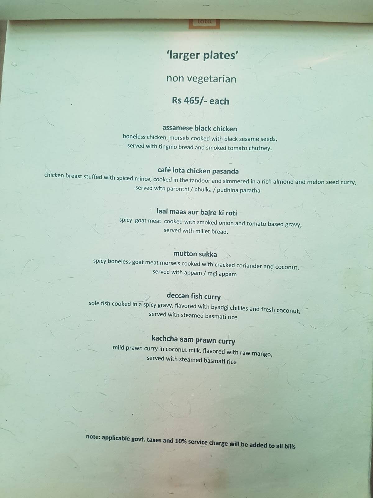 Menu at Cafe Lota, New Delhi