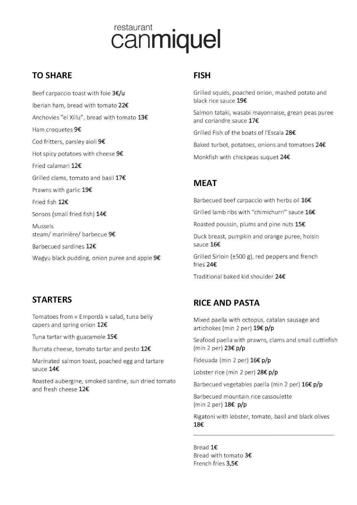 Carta de Restaurant Can Miquel en L' Escala Cala Montgó, La Escala