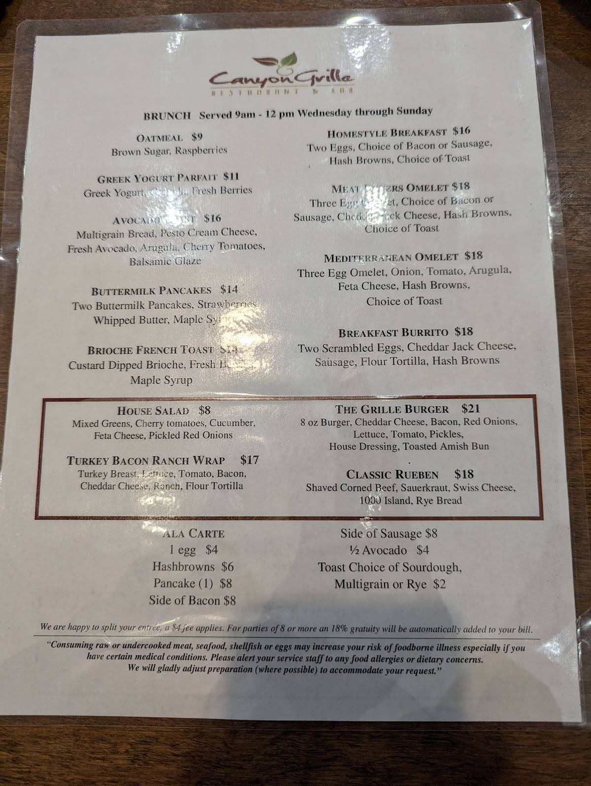 Menu at Canyon Grille restaurant, Escondido