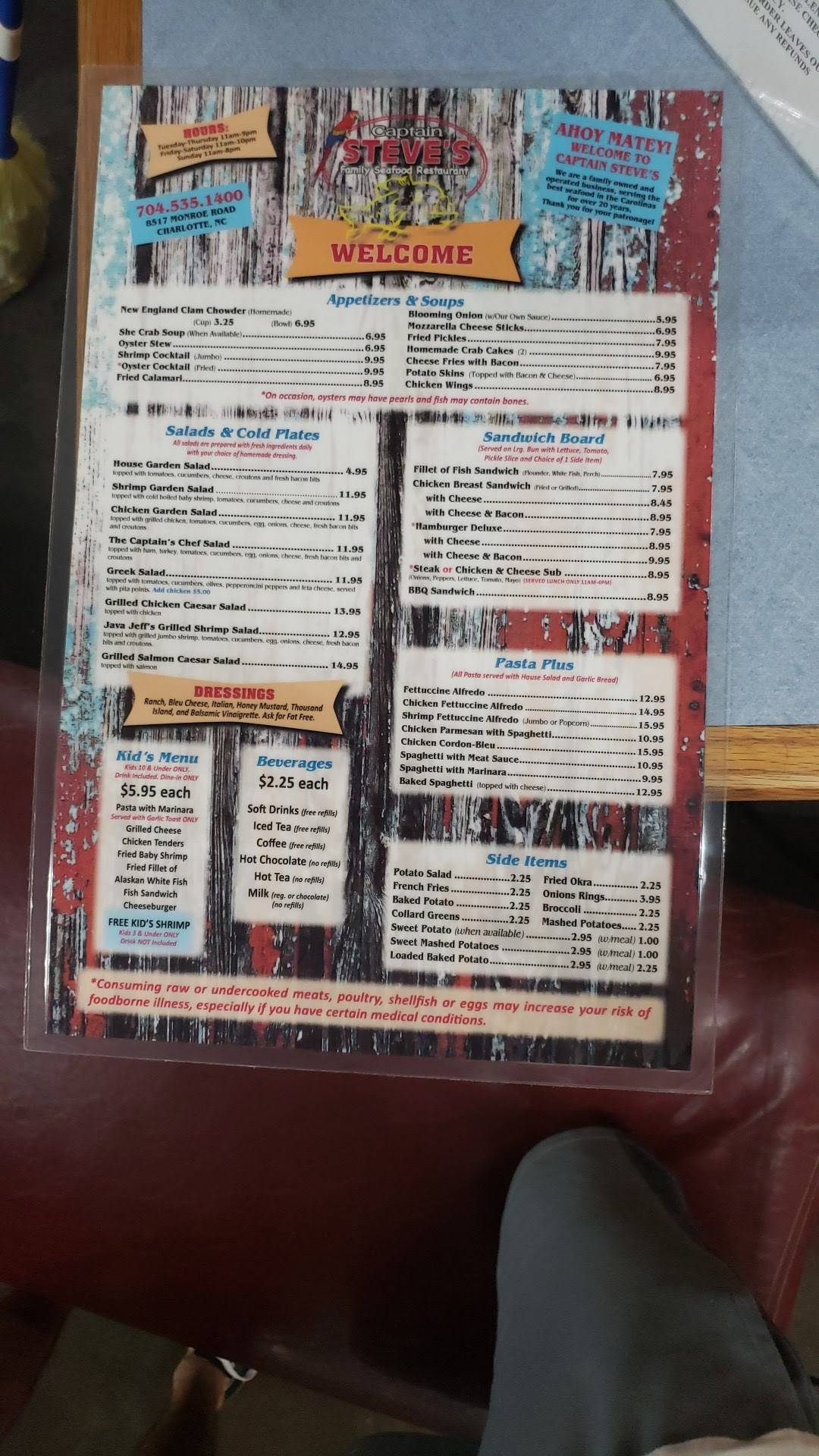 Menu at Captain Steve's Seafood restaurant, Charlotte, Monroe Rd