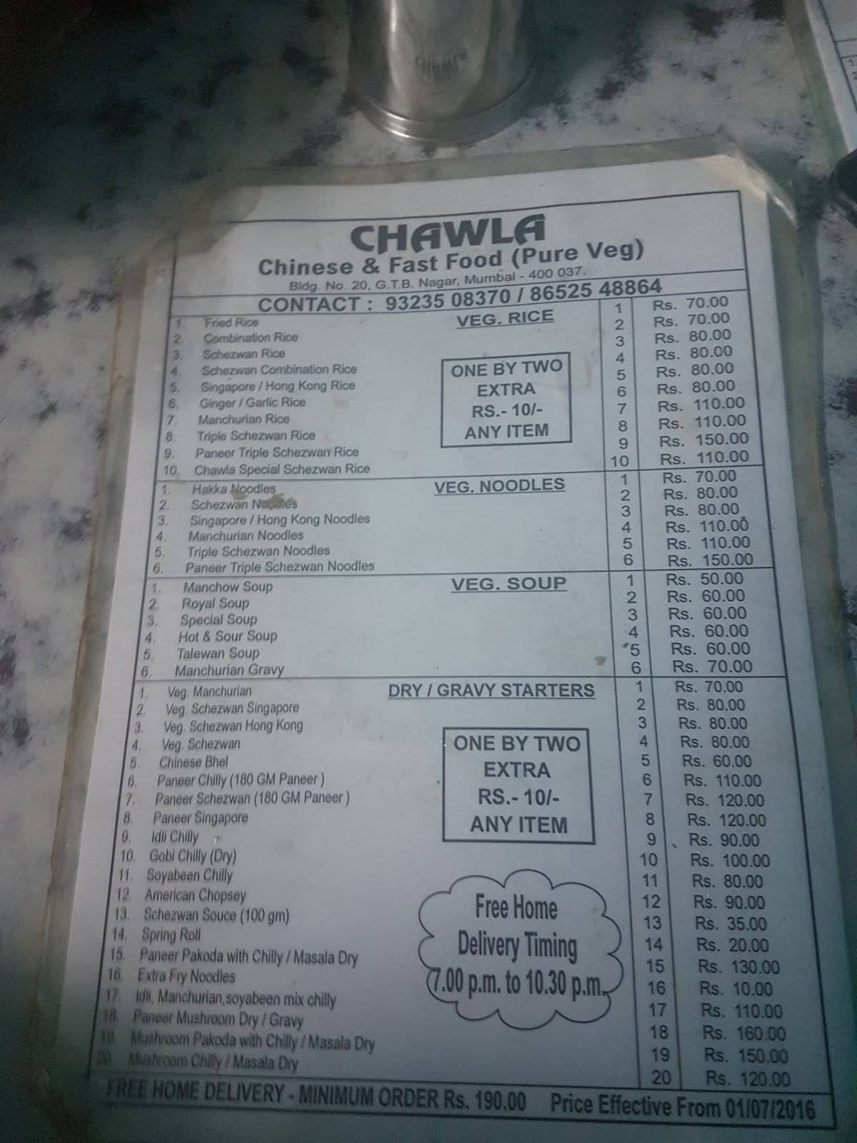 Menu at Chawla Fast Food & Snacks, Mumbai, Shop No 4